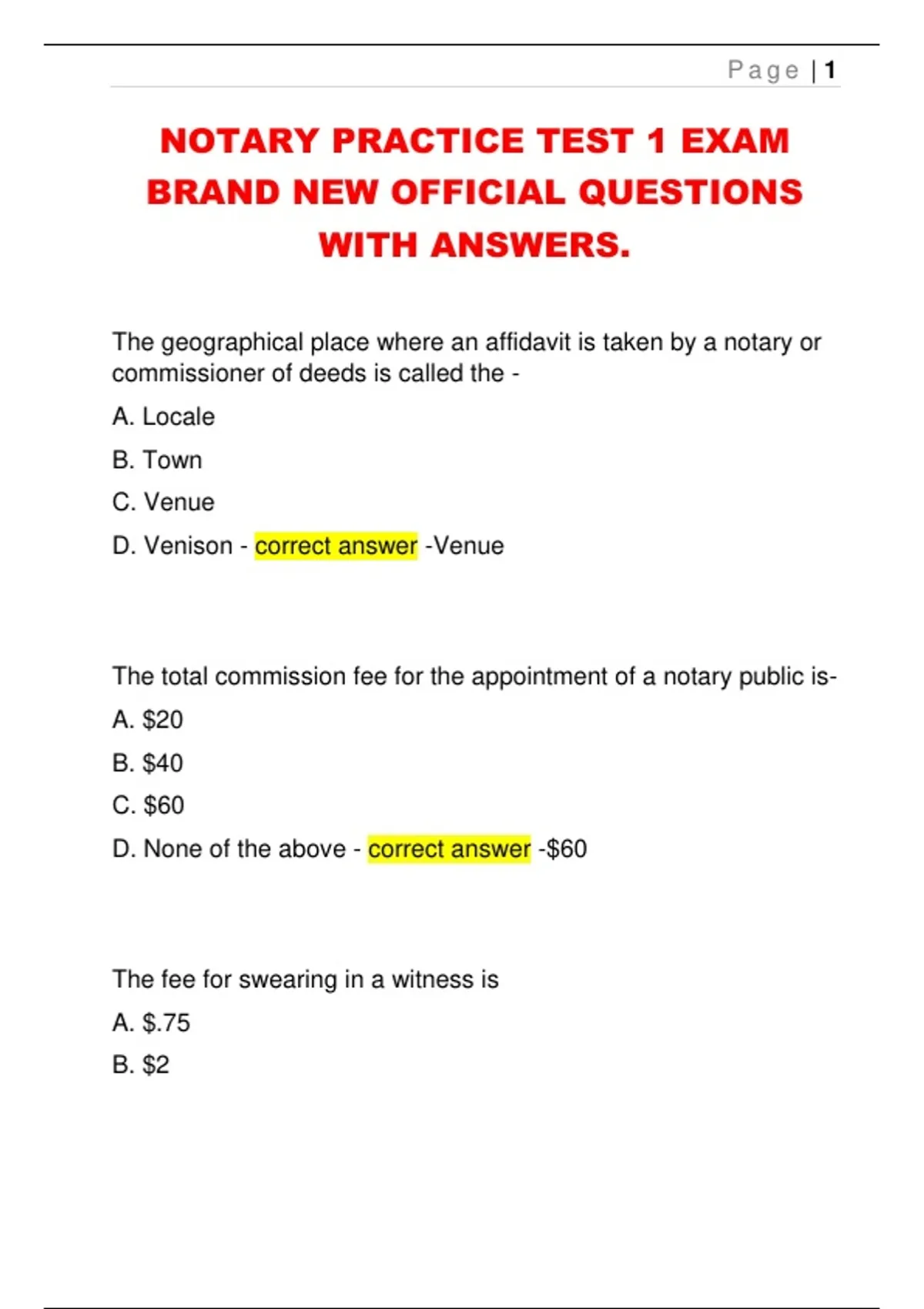 NOTARY PRACTICE TEST 1 EXAM BRAND NEW OFFICIAL QUESTIONS WITH ANSWERS ...