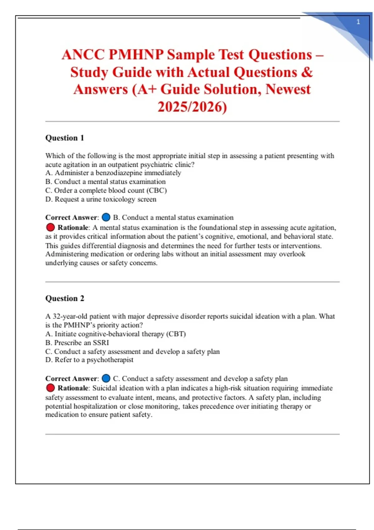 ANCC PMHNP Sample Test Questions – Study Guide with Actual Questions ...