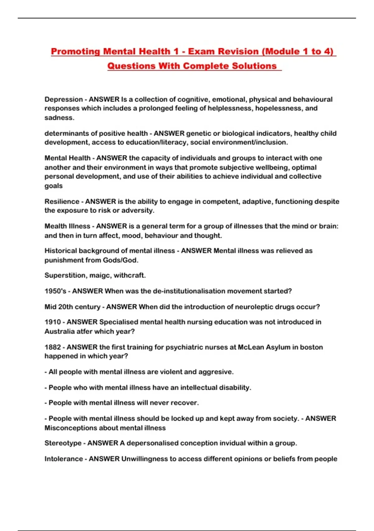 Promoting Mental Health 1 - Exam Revision (Module 1 to 4) Questions ...