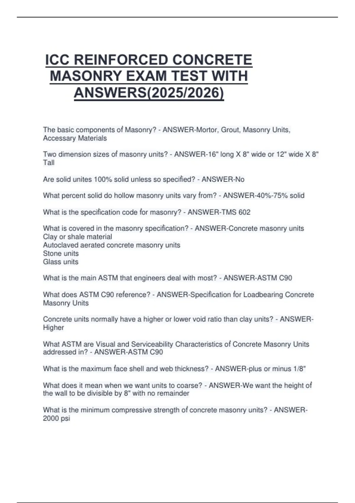 ICC REINFORCED CONCRETE MASONRY EXAM TEST WITH ANSWERS(2025/2026) - ICC ...