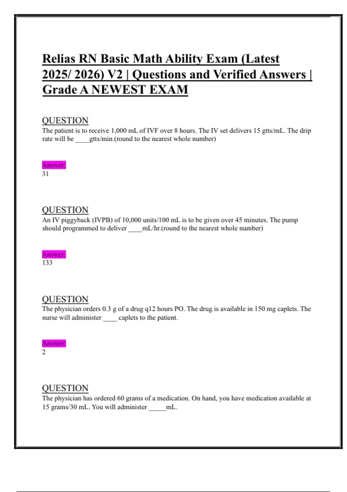 Relias RN Basic Math Ability Exam - Nursing - Stuvia US