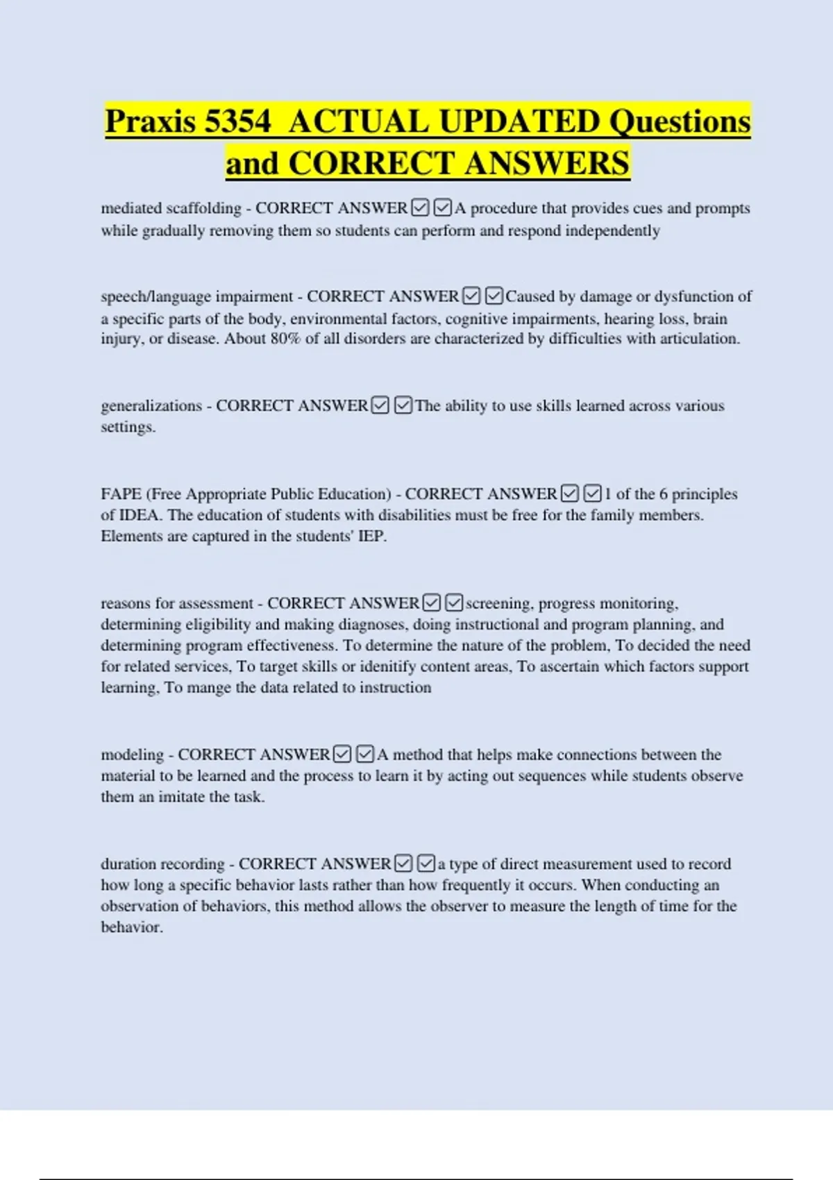 PRAXIS 5354 Special Education Practice Test ACTUAL UPDATED Questions ...