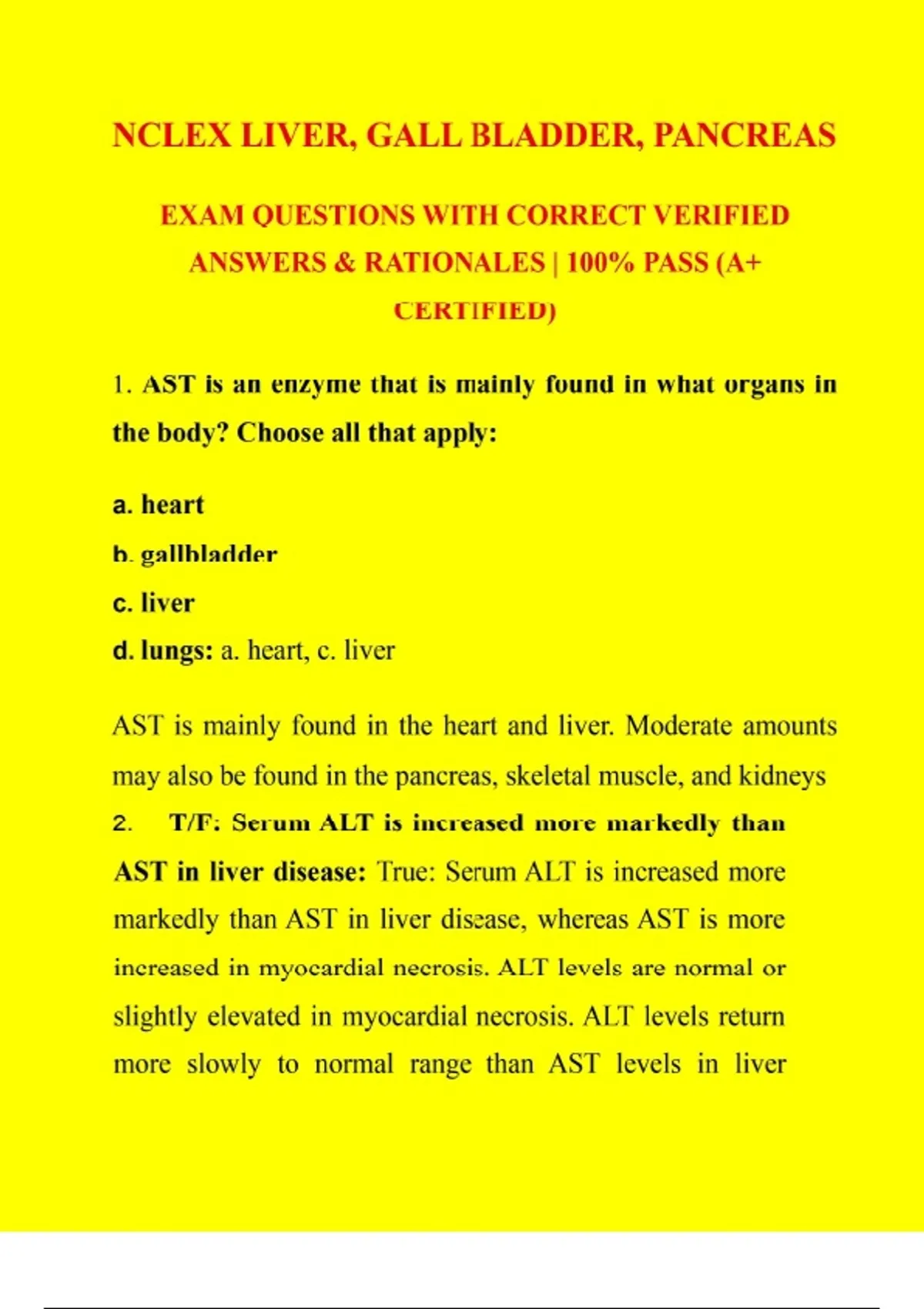 NCLEX LIVER, GALL BLADDER, PANCREAS EXAM QUESTIONS WITH CORRECT ...