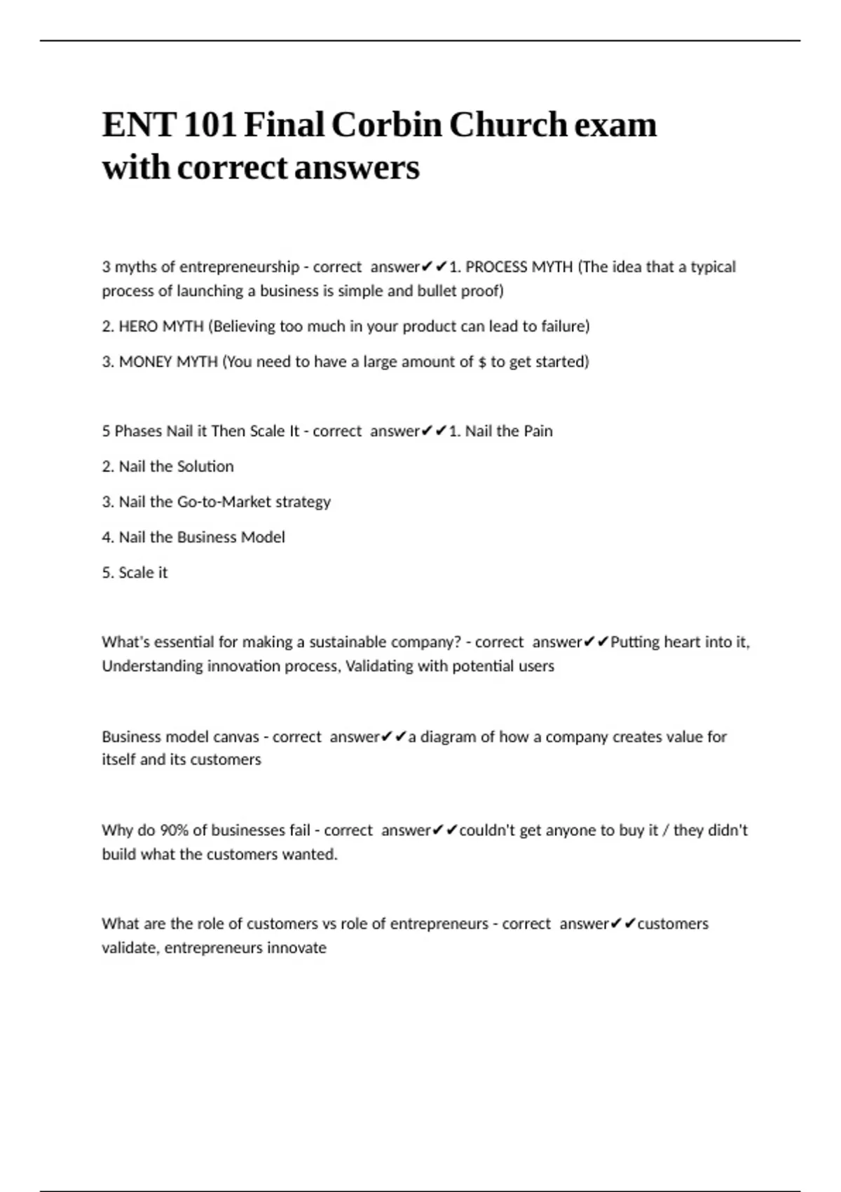 ENT 101 Final Corbin Church exam with correct answers - ENT 101 ...
