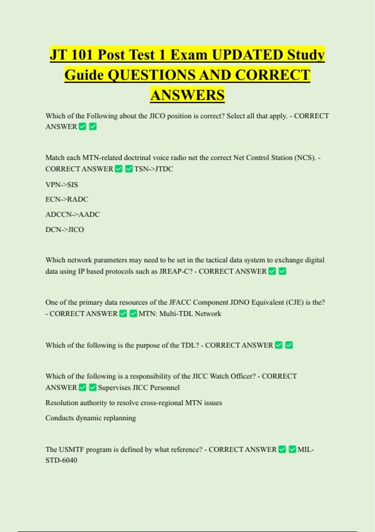 JT 101 Post Test 1 Exam UPDATED Study Guide QUESTIONS AND CORRECT ...