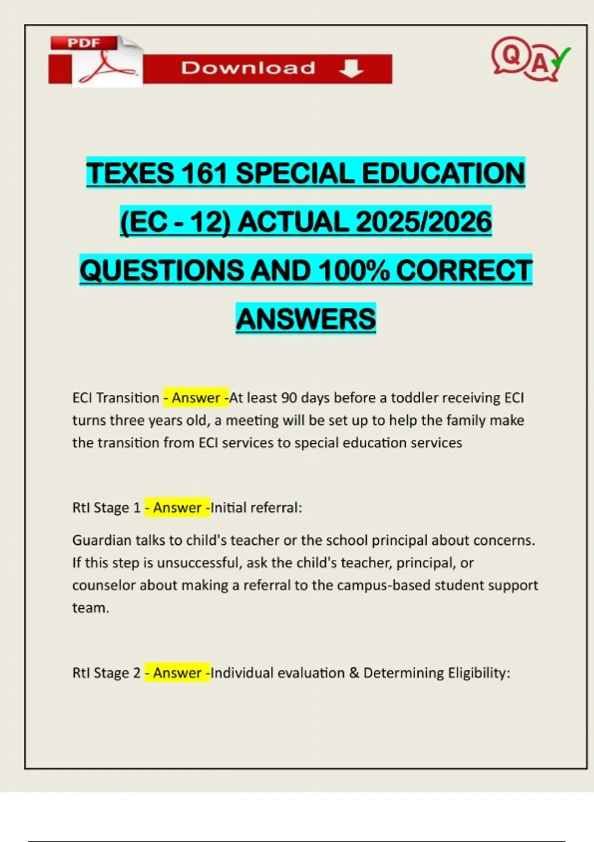 TEXES 161 SPECIAL EDUCATION (EC - 12) ACTUAL 2025/2026 QUESTIONS AND 100% CORRECT ANSWERS ...