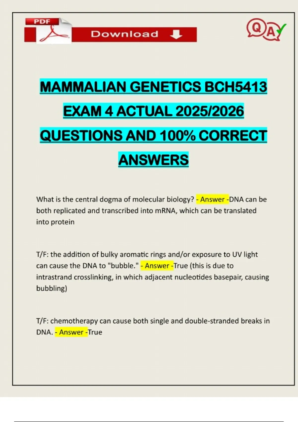 MAMMALIAN GENETICS BCH5413 EXAM 4 ACTUAL 2025/2026 QUESTIONS AND 100% ...