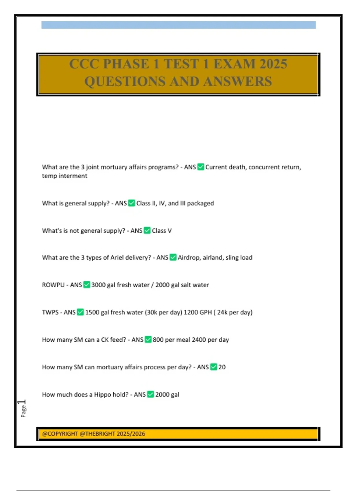 CCC PHASE 1 TEST 1 EXAM 2025 QUESTIONS AND ANSWERS - CCC - Stuvia US