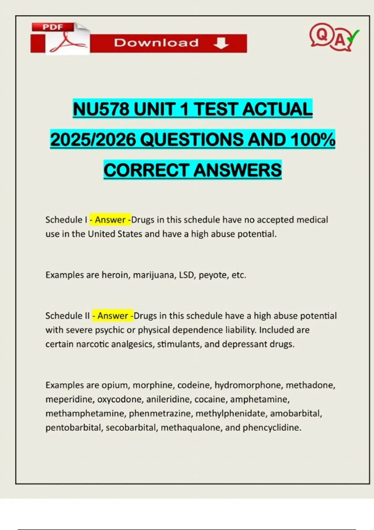 EXAMS PACK::: NU 578, PHARMACOLOGY, CONTROLLED SUBSTANCES 2025/2026 ...