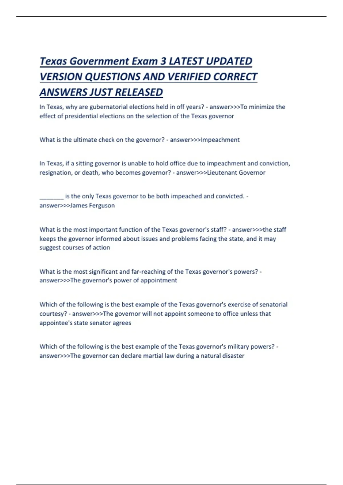 Texas Government Exam 3 LATEST UPDATED VERSION QUESTIONS AND VERIFIED ...