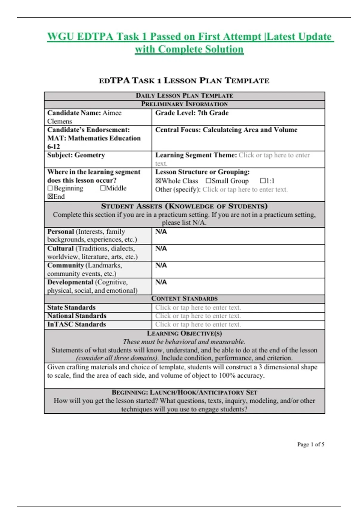 WGU EDTPA Task 1 Passed on First Attempt |Latest Update with Complete ...