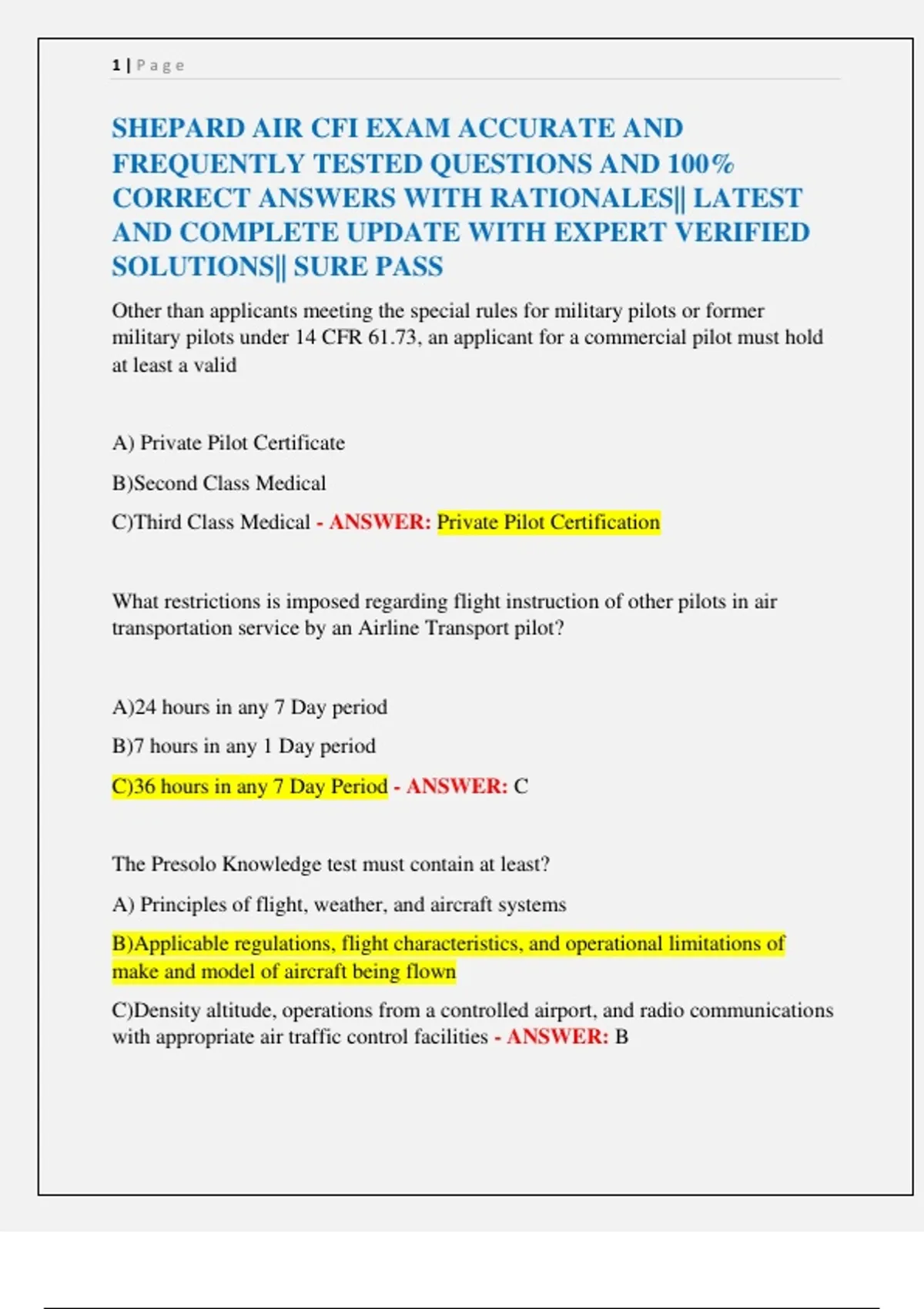SHEPARD AIR CFI EXAM ACCURATE AND FREQUENTLY TESTED QUESTIONS AND 100% ...