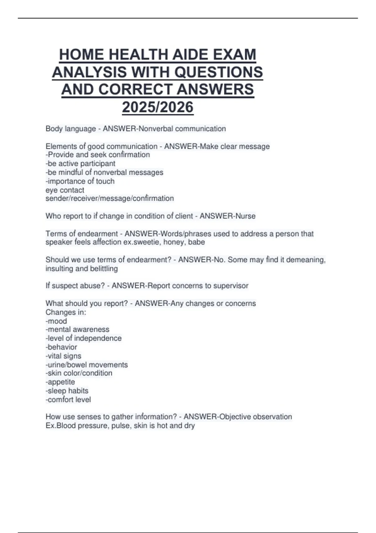 HOME HEALTH AIDE EXAM ANALYSIS WITH QUESTIONS AND CORRECT ANSWERS 2025/ ...