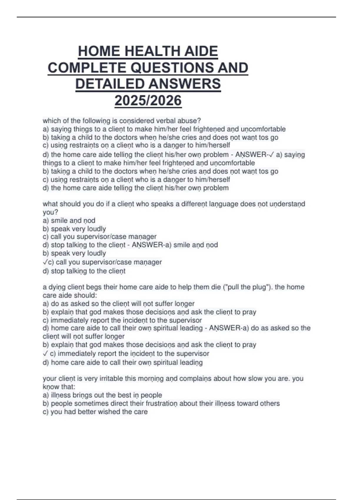 HOME HEALTH AIDE COMPLETE QUESTIONS AND DETAILED ANSWERS 2025/2026 ...