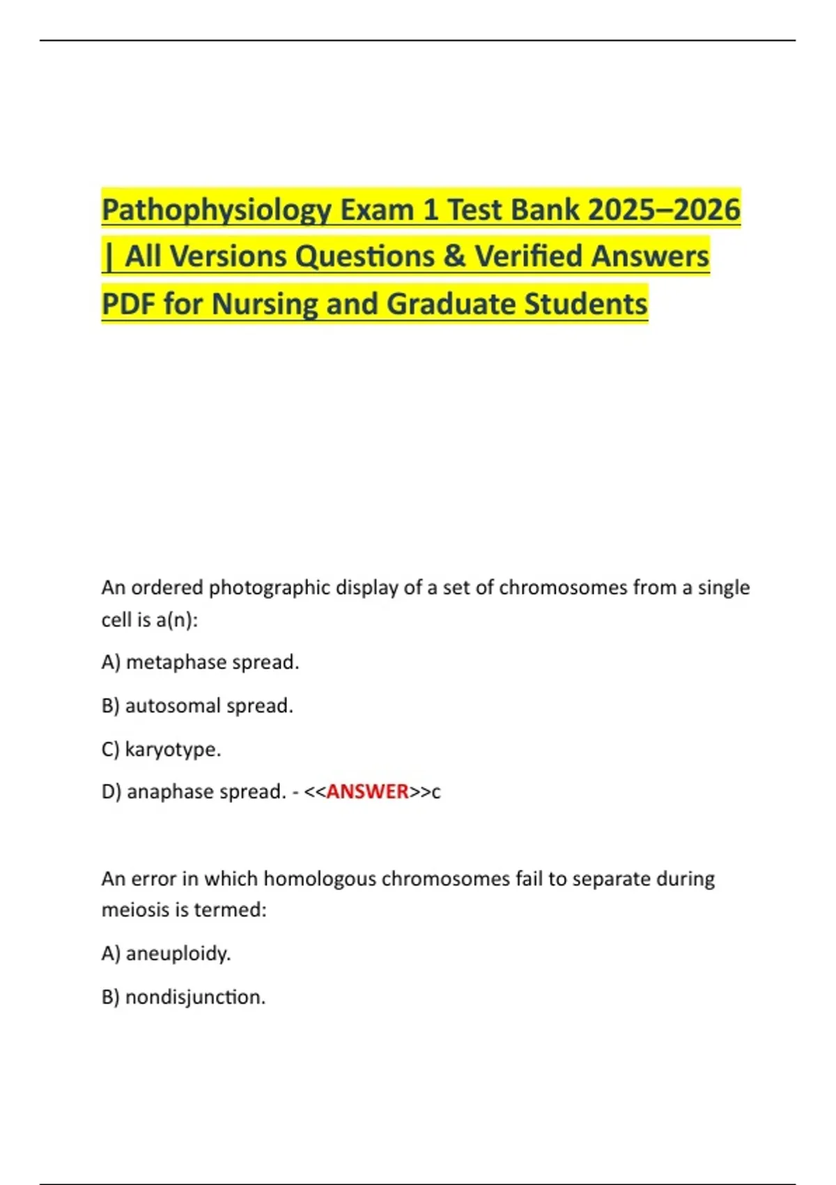 Pathophysiology Exam 1 Test Bank 2025–2026 | All Versions Questions ...