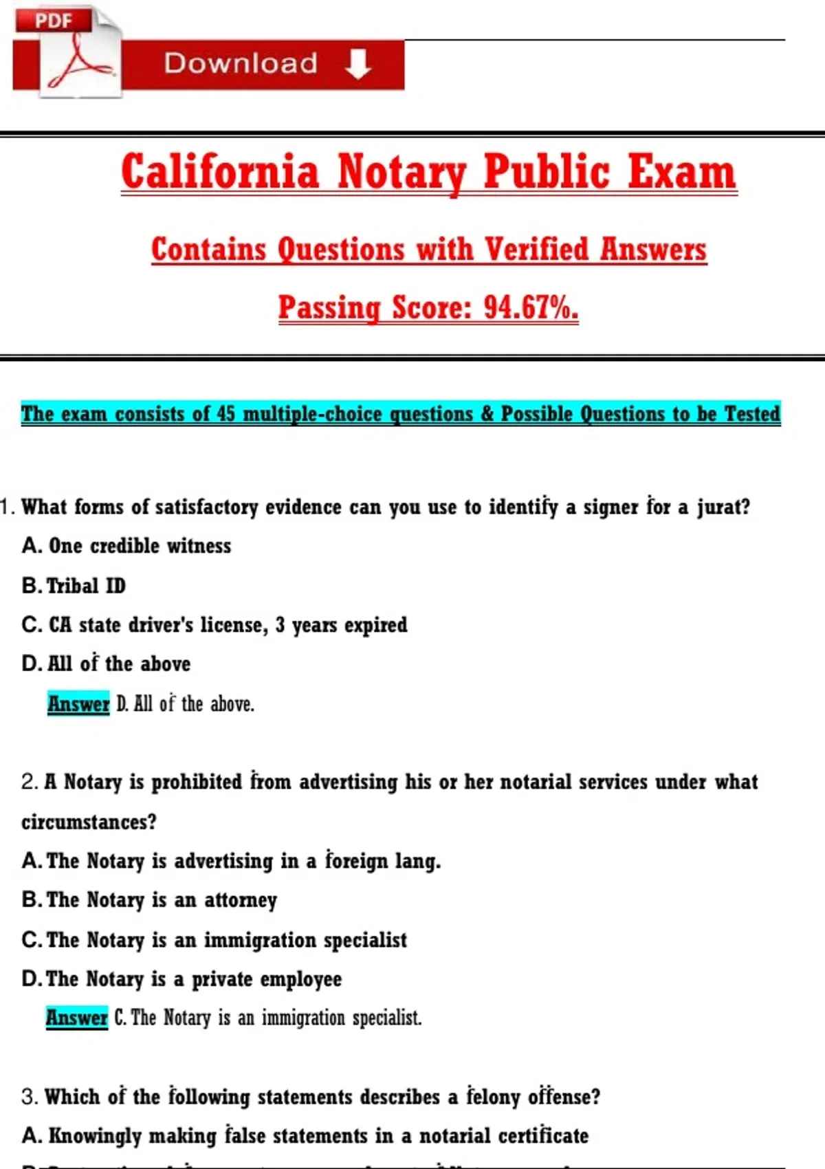California Notary Public Exam Contains Questions with Verified Answers ...