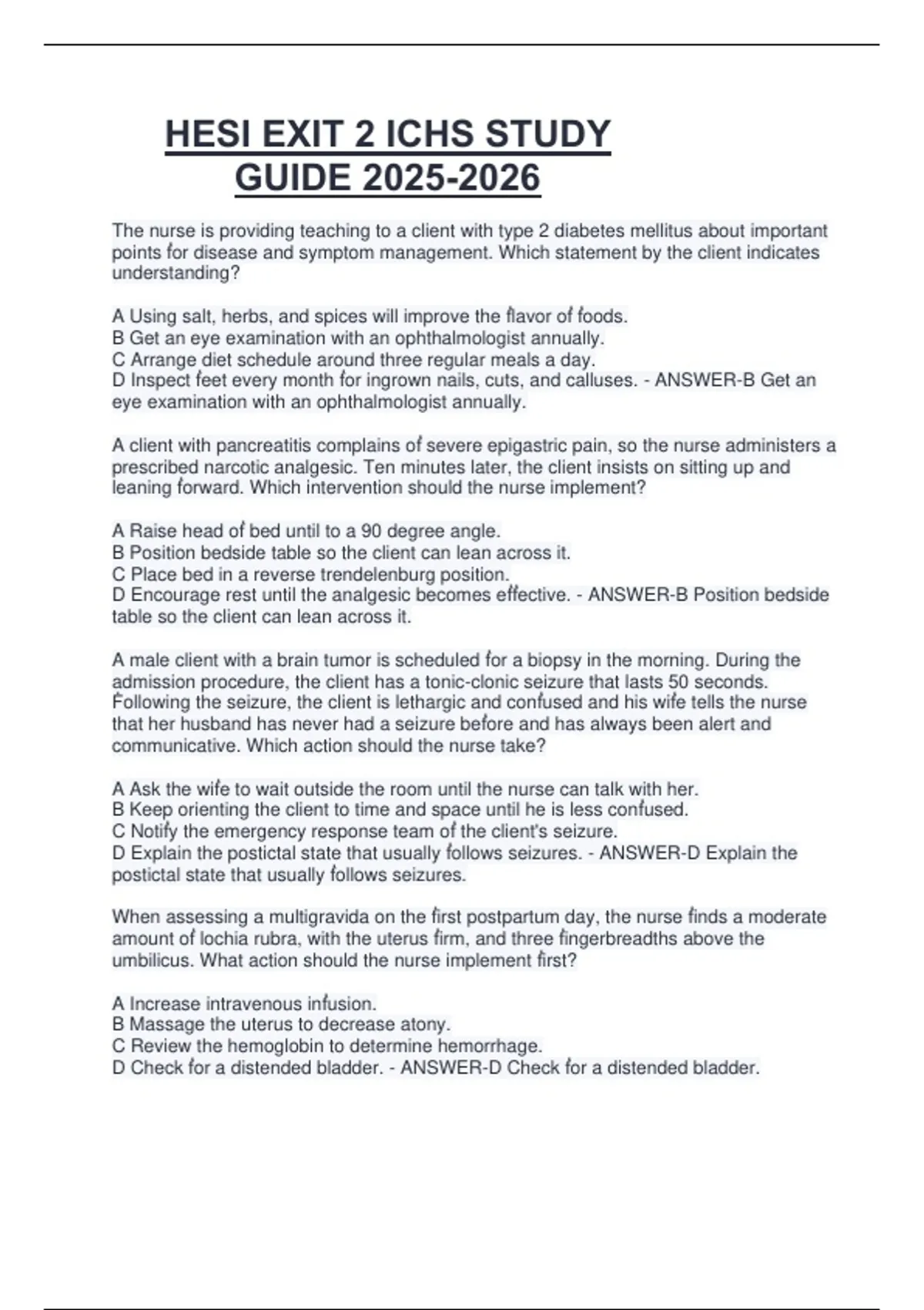 HESI EXIT 2 ICHS STUDY GUIDE - Hesi exit - Stuvia US
