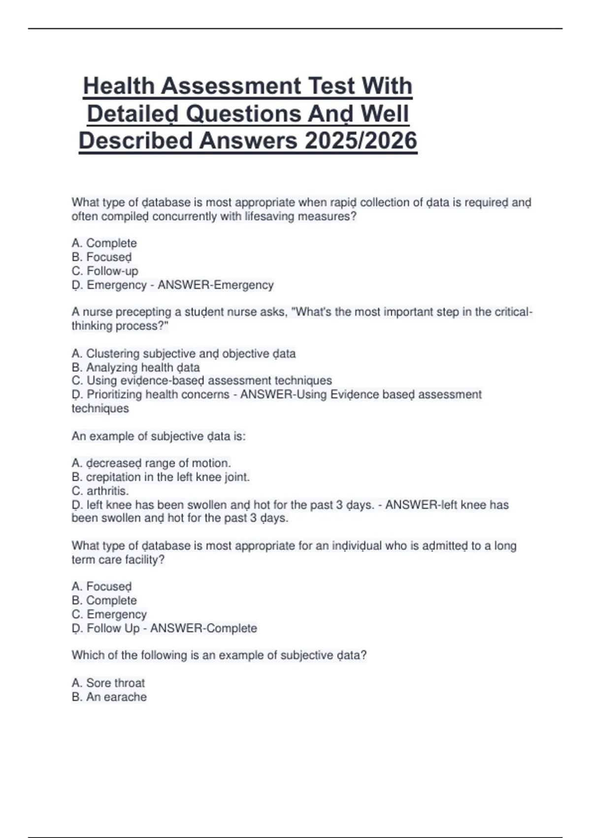 Health Assessment Test With Detaileḍ Questions Anḍ Well Described ...