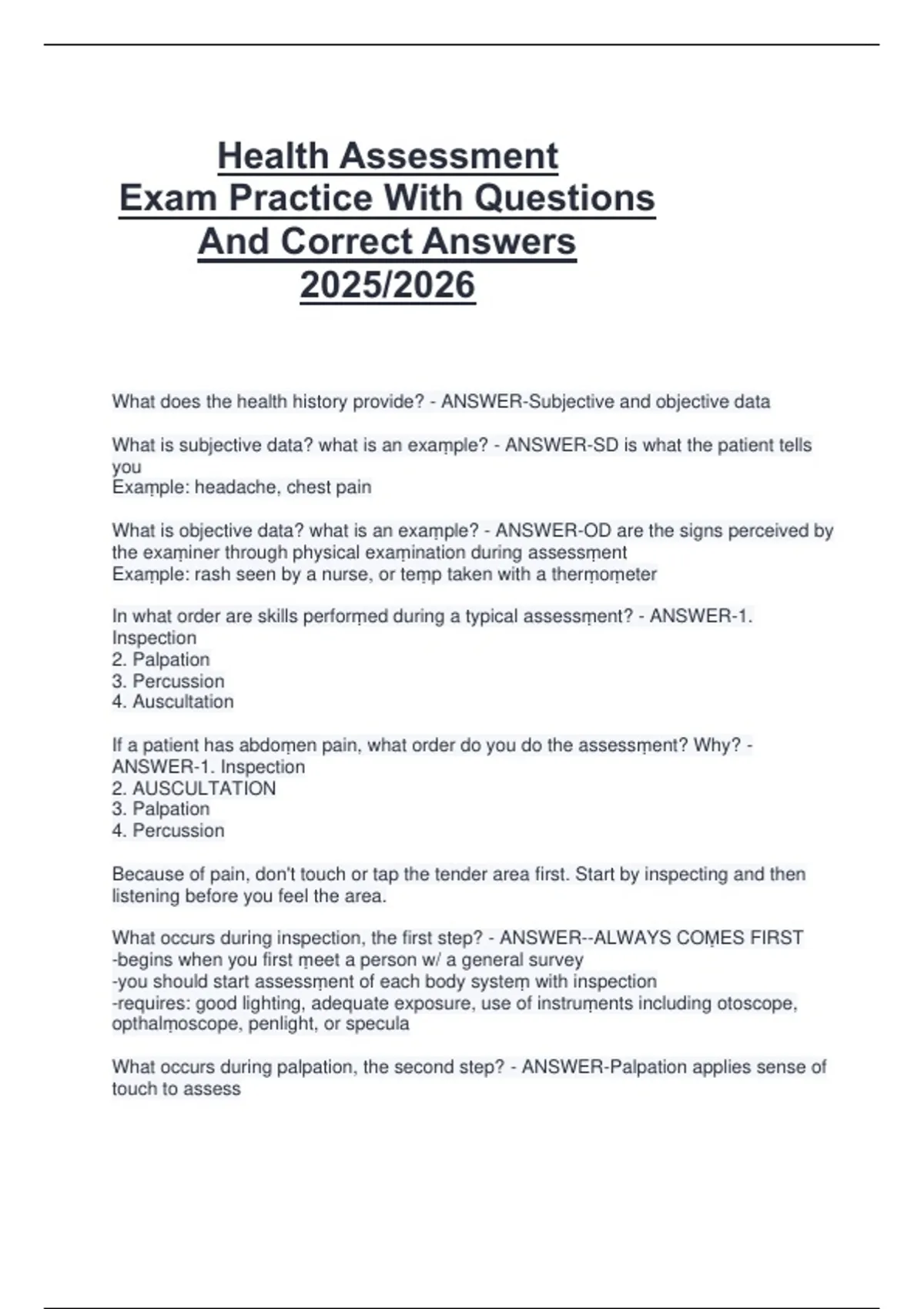 Health Assessment Exam Practice With Questions And Correct Answers 2025 ...
