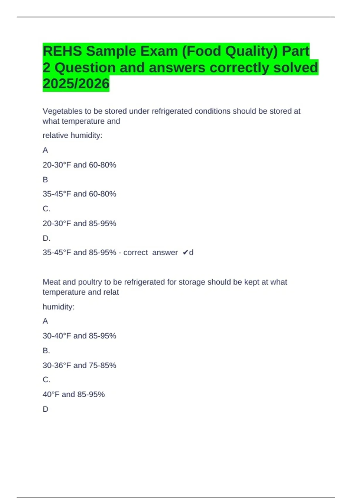 REHS Sample Exam (Food Quality) Part 2 Question and answers correctly ...