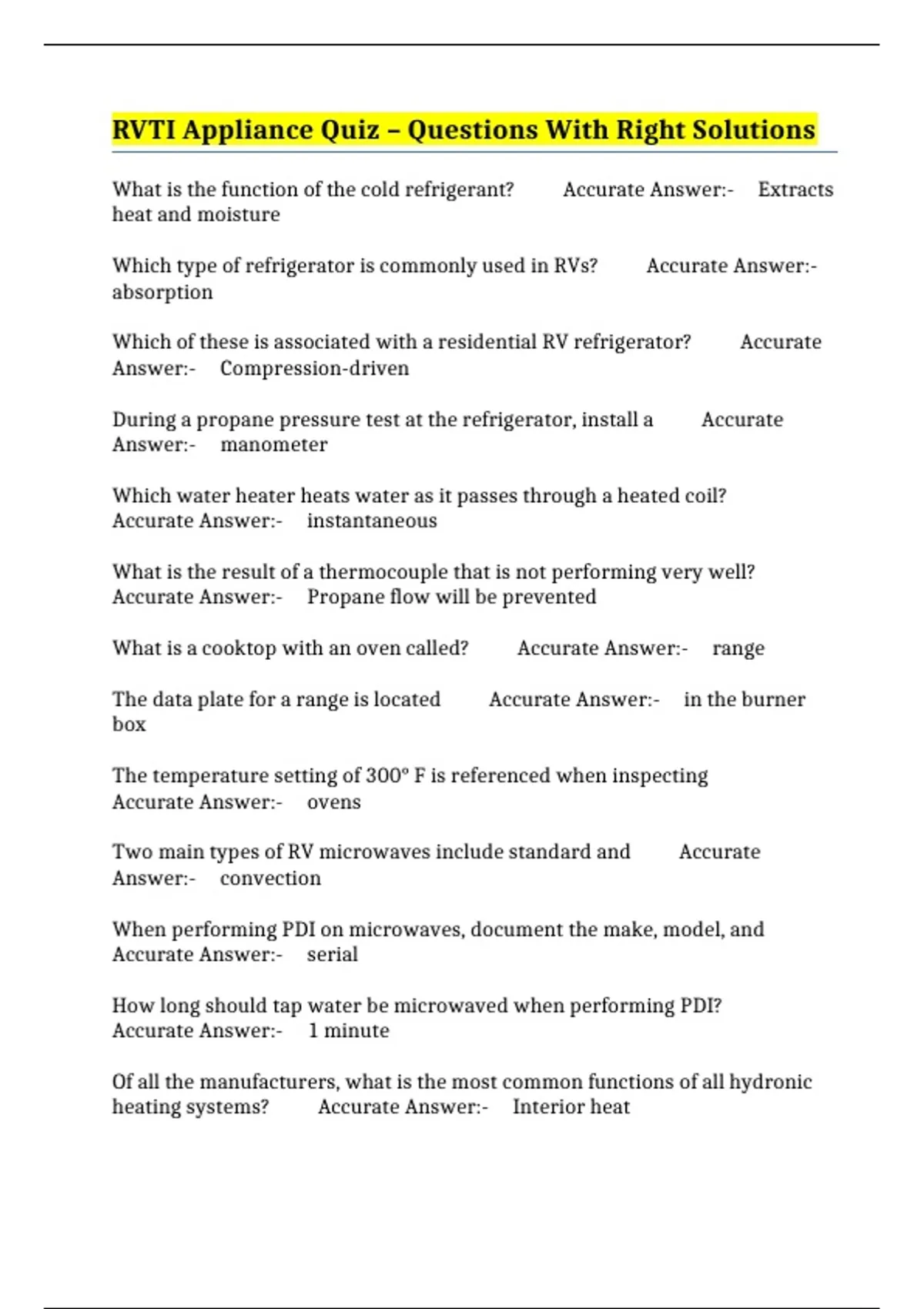 RVTI Appliance Quiz – Questions With Right Solutions - RVTI - Stuvia US