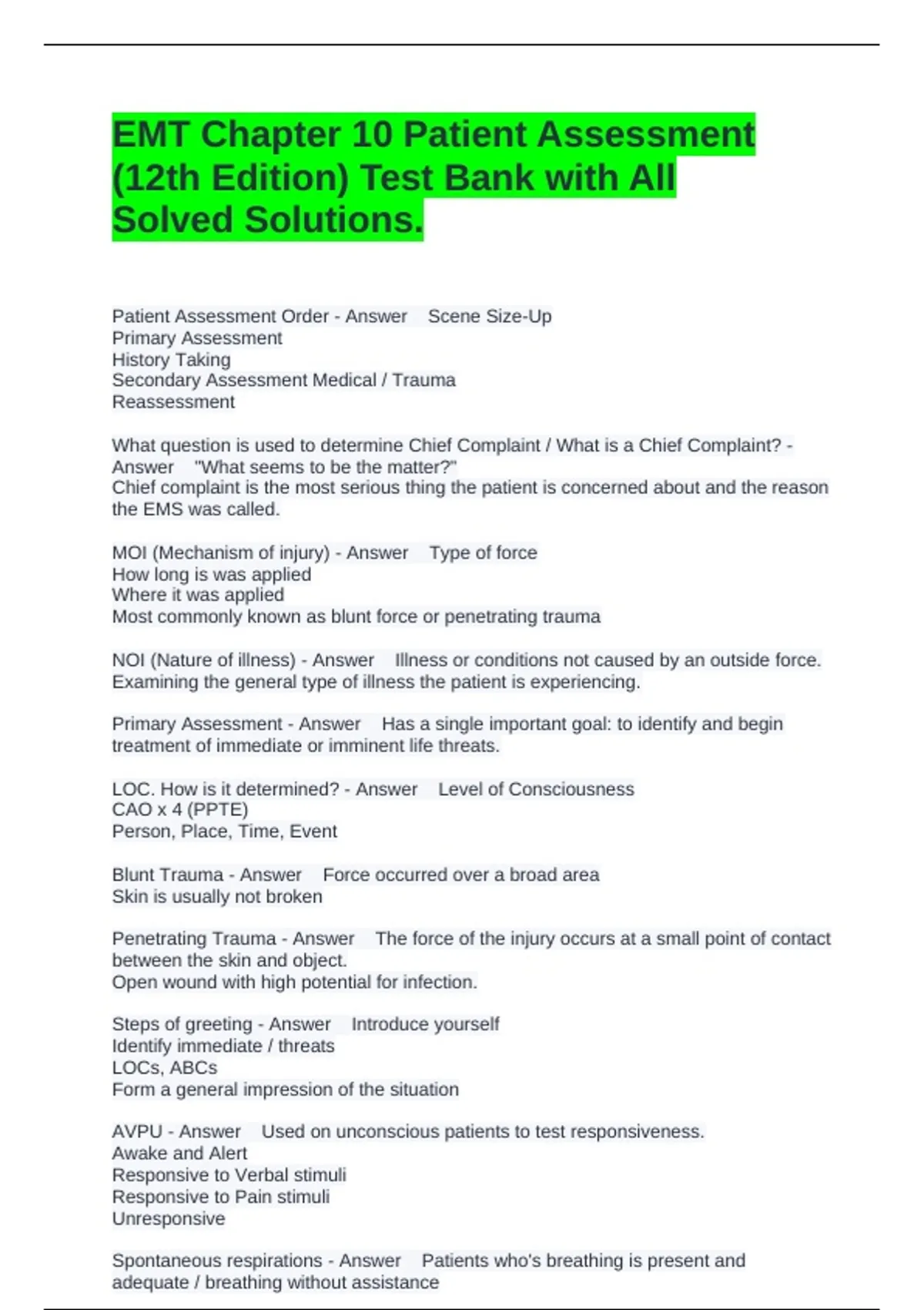 EMT Chapter 10 Patient Assessment (12th Edition) Test Bank with All ...