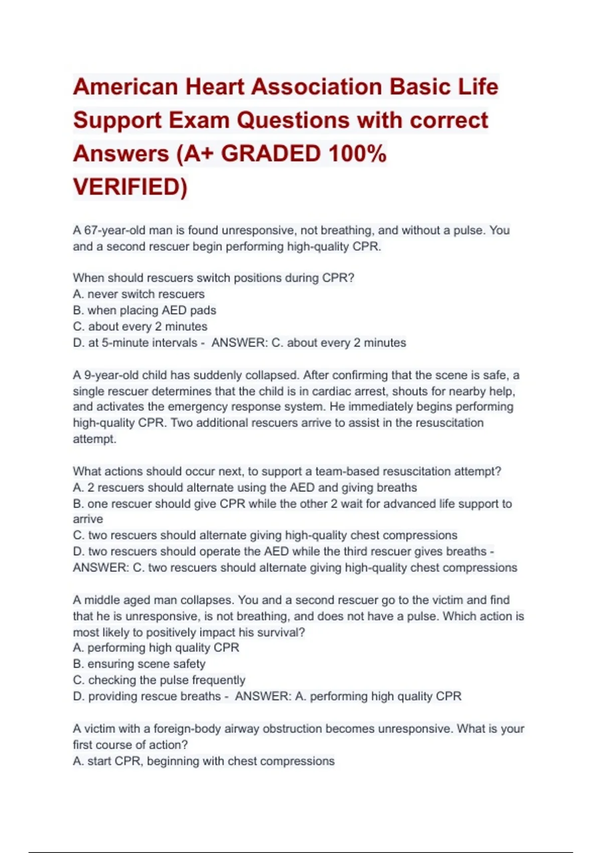 American Heart Association Basic Life Support Exam Questions with correct Answers (A+ GRADED 100 ...