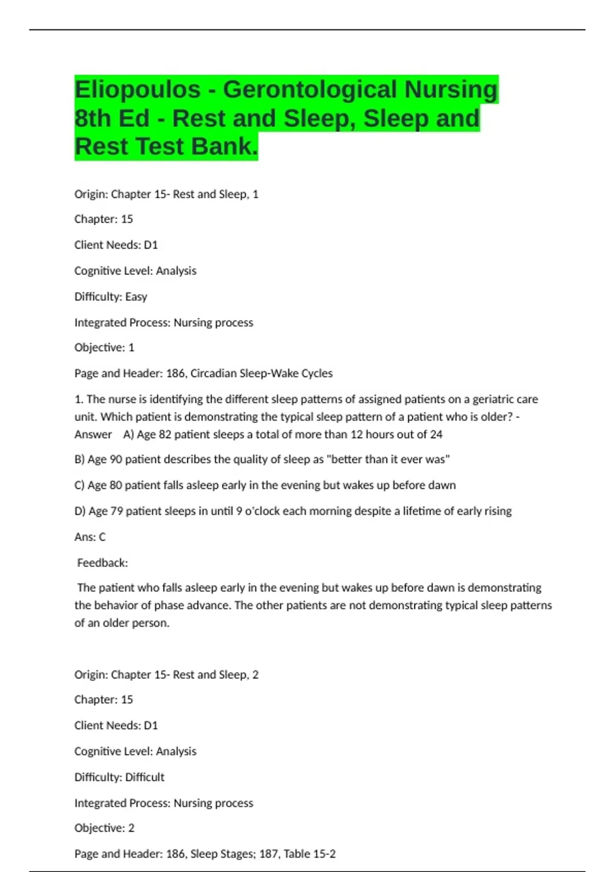 Eliopoulos - Gerontological Nursing 8th Ed - Rest and Sleep, Sleep and ...