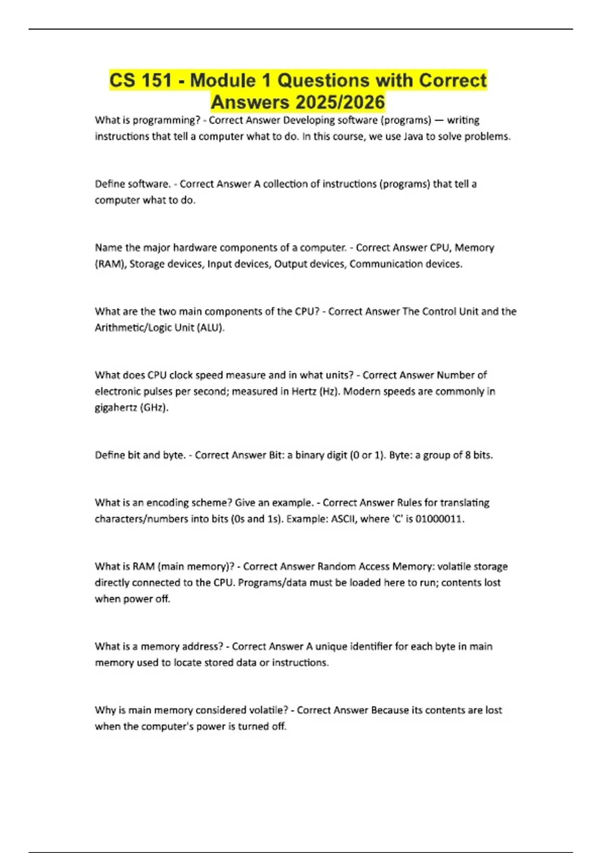 CS 151 - Module 1 Questions with Correct Answers 2025/2026 - CS 151 ...
