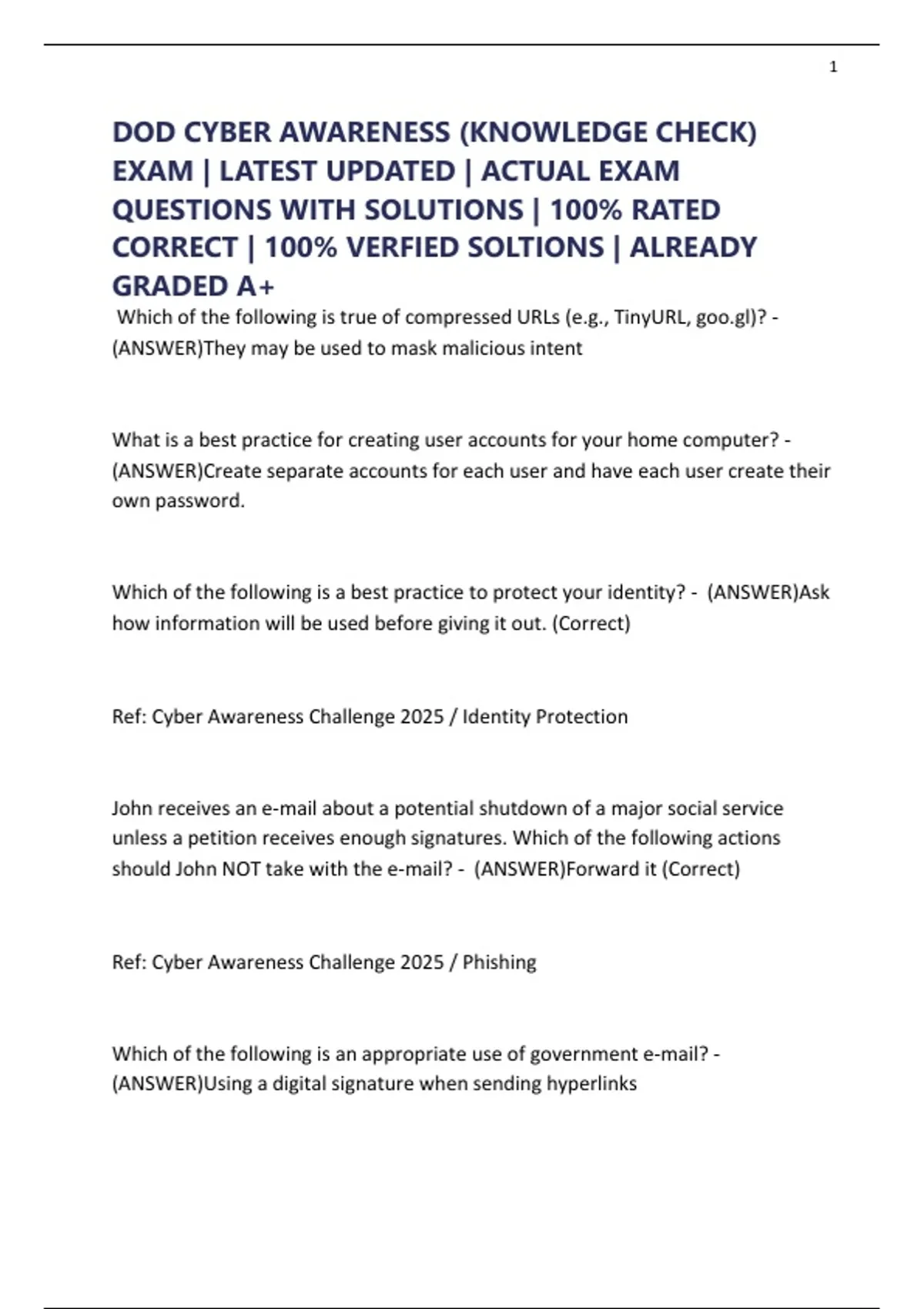 DOD CYBER AWARENESS (KNOWLEDGE CHECK) EXAM | LATEST UPDATED | ACTUAL ...