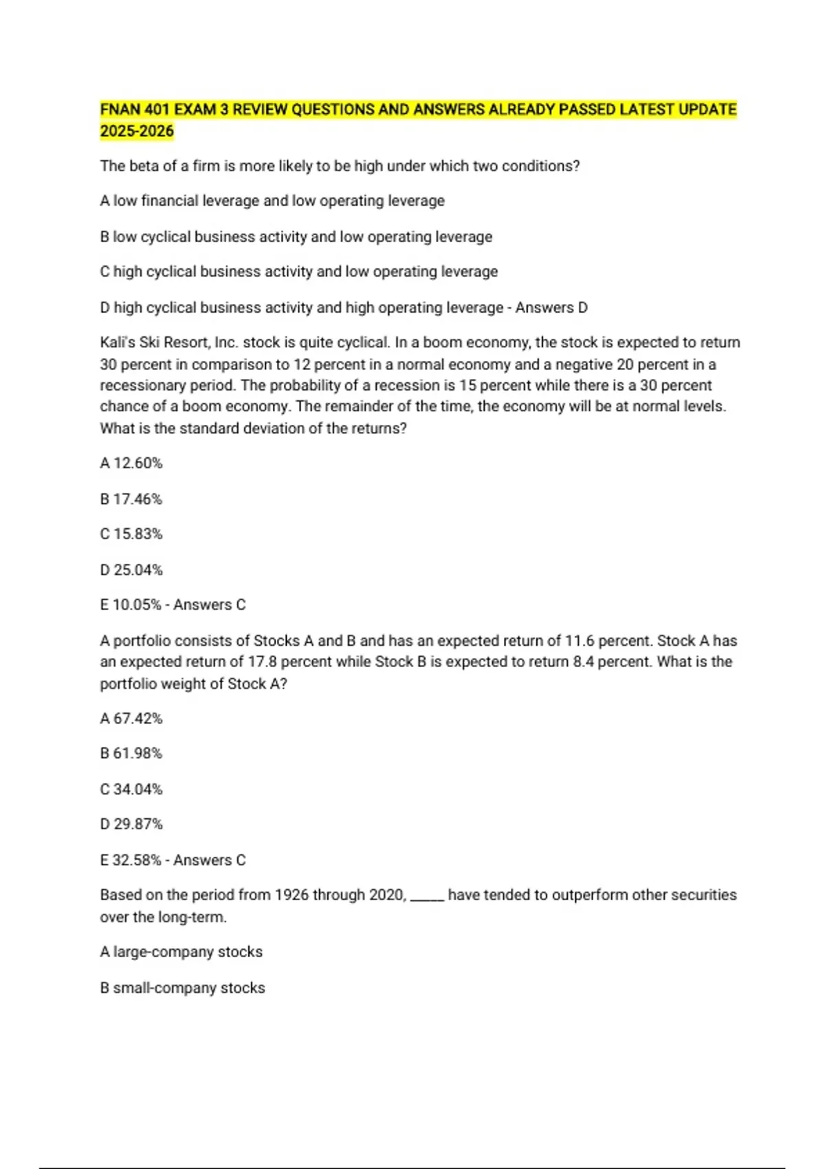 FNAN 401 EXAM 3 REVIEW QUESTIONS AND ANSWERS ALREADY PASSED LATEST ...