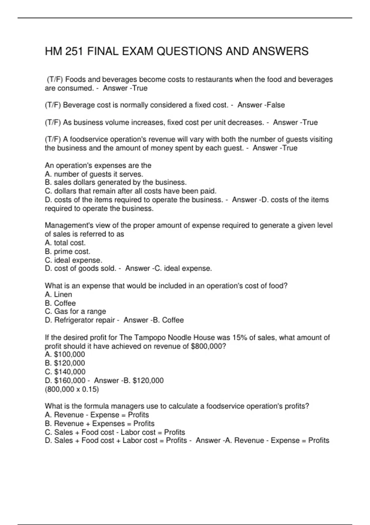 HM 251 FINAL EXAM QUESTIONS AND ANSWERS - HM 251 - Stuvia US