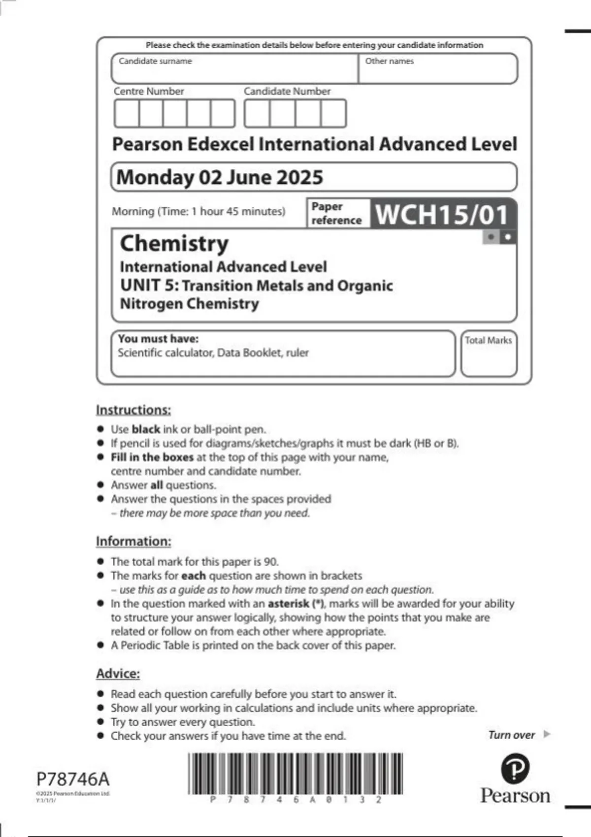 Pearson Edexcel IAL In Chemistry (WCH15) Paper 01 JUNE 2025 OFFICIAL ...