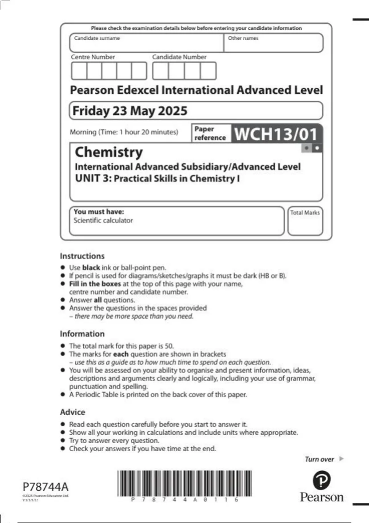 Pearson Edexcel IASL In Chemistry (WCH13, WCH12,WCH11) Paper 01 JUNE ...