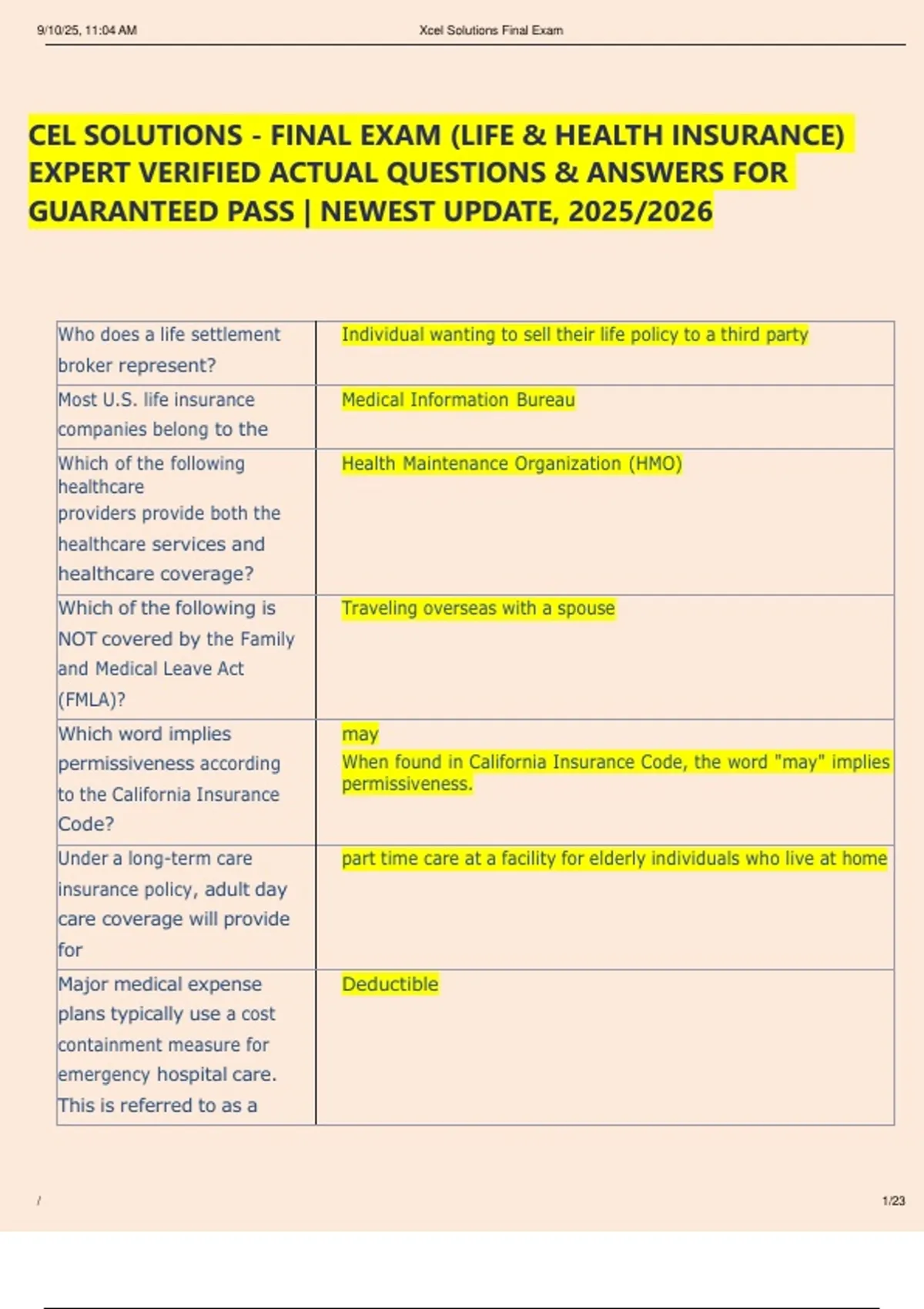 XCEL SOLUTIONS - FINAL EXAM (LIFE & HEALTH INSURANCE) EXPERT VERIFIED ...