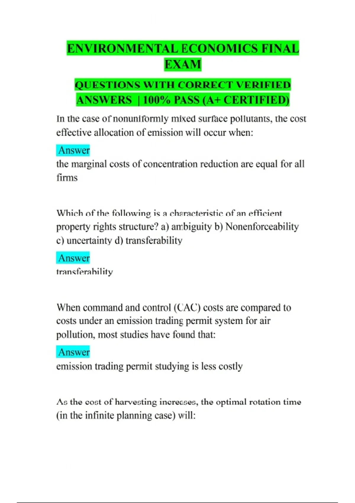 ENVIRONMENTAL ECONOMICS FINAL EXAM QUESTIONS WITH CORRECT VERIFIED ...