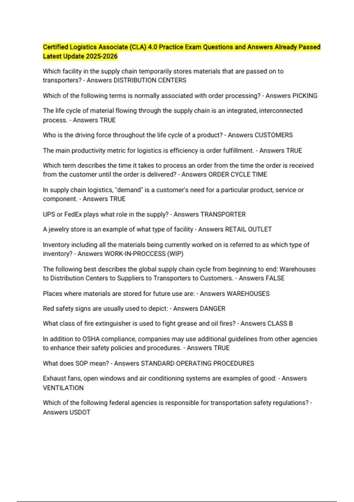 Certified Logistics Associate (CLA) 4.0 Practice Exam Questions and ...