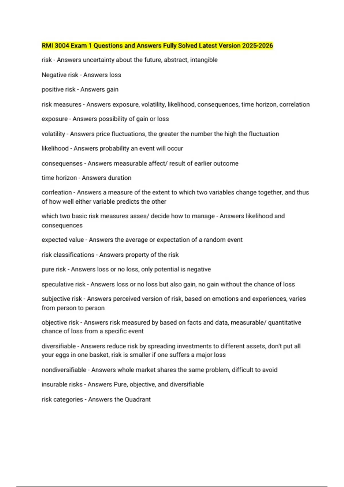RMI 3004 Exam 1 Questions and Answers Fully Solved Latest Version - RMI ...