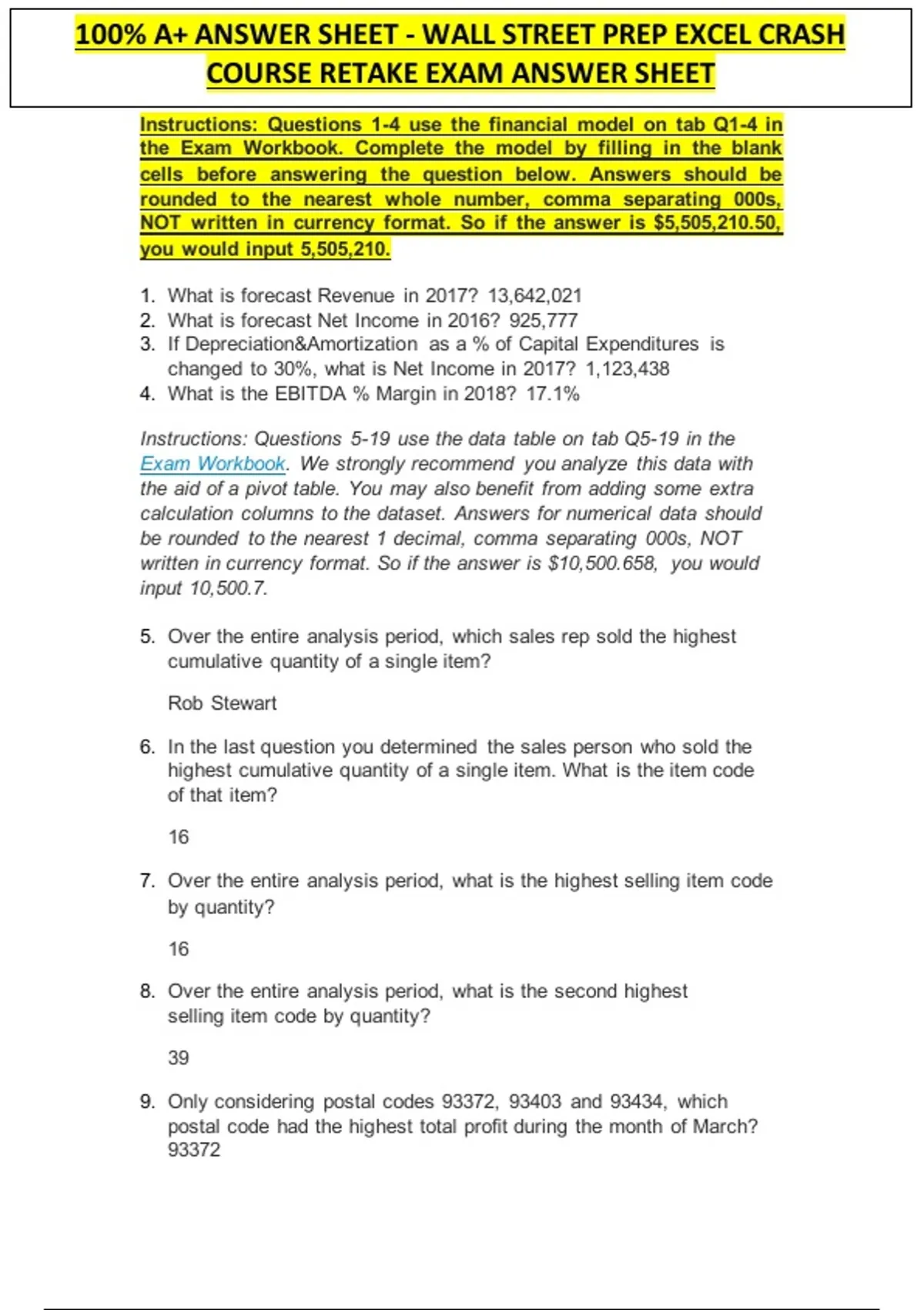 100% A+ ANSWER SHEET - WALL STREET PREP EXCEL CRASH COURSE RETAKE EXAM ...