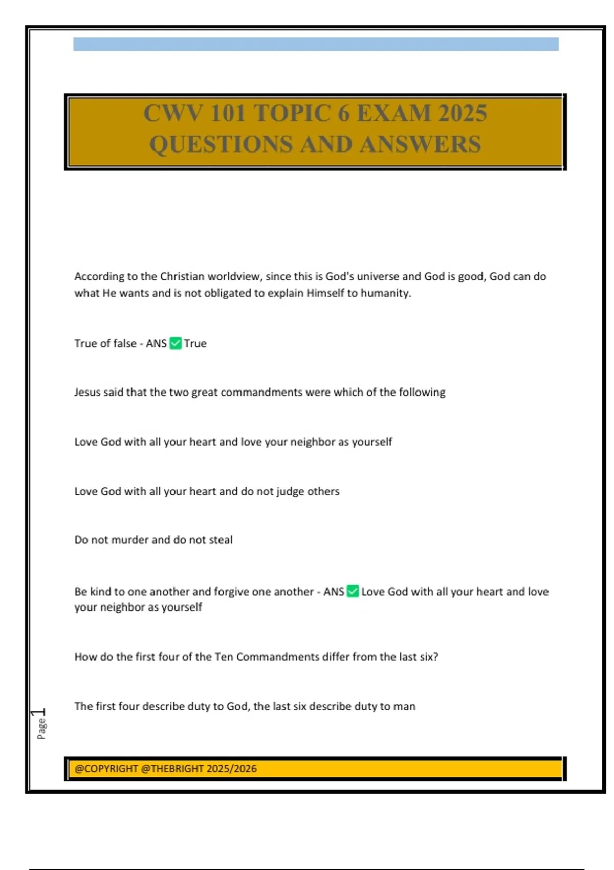 CWV 101 TOPIC 6 EXAM 2025 QUESTIONS AND ANSWERS - CWV 101 - Stuvia US