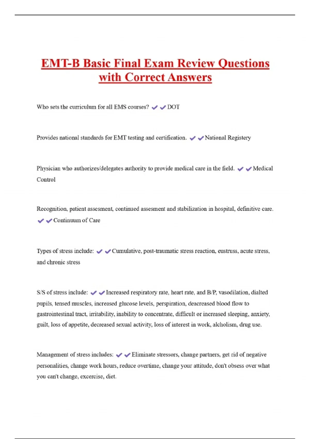 EMT-B Basic Final Exam Review Questions with Correct Answers - EMT ...