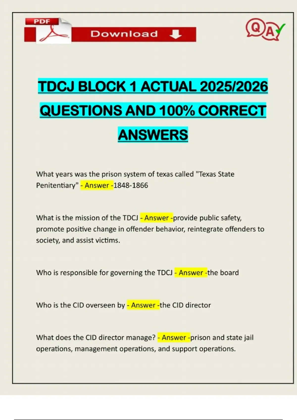 TDCJ BLOCK 1 ACTUAL 2025/2026 QUESTIONS AND 100% CORRECT ANSWERS - TDCJ ...