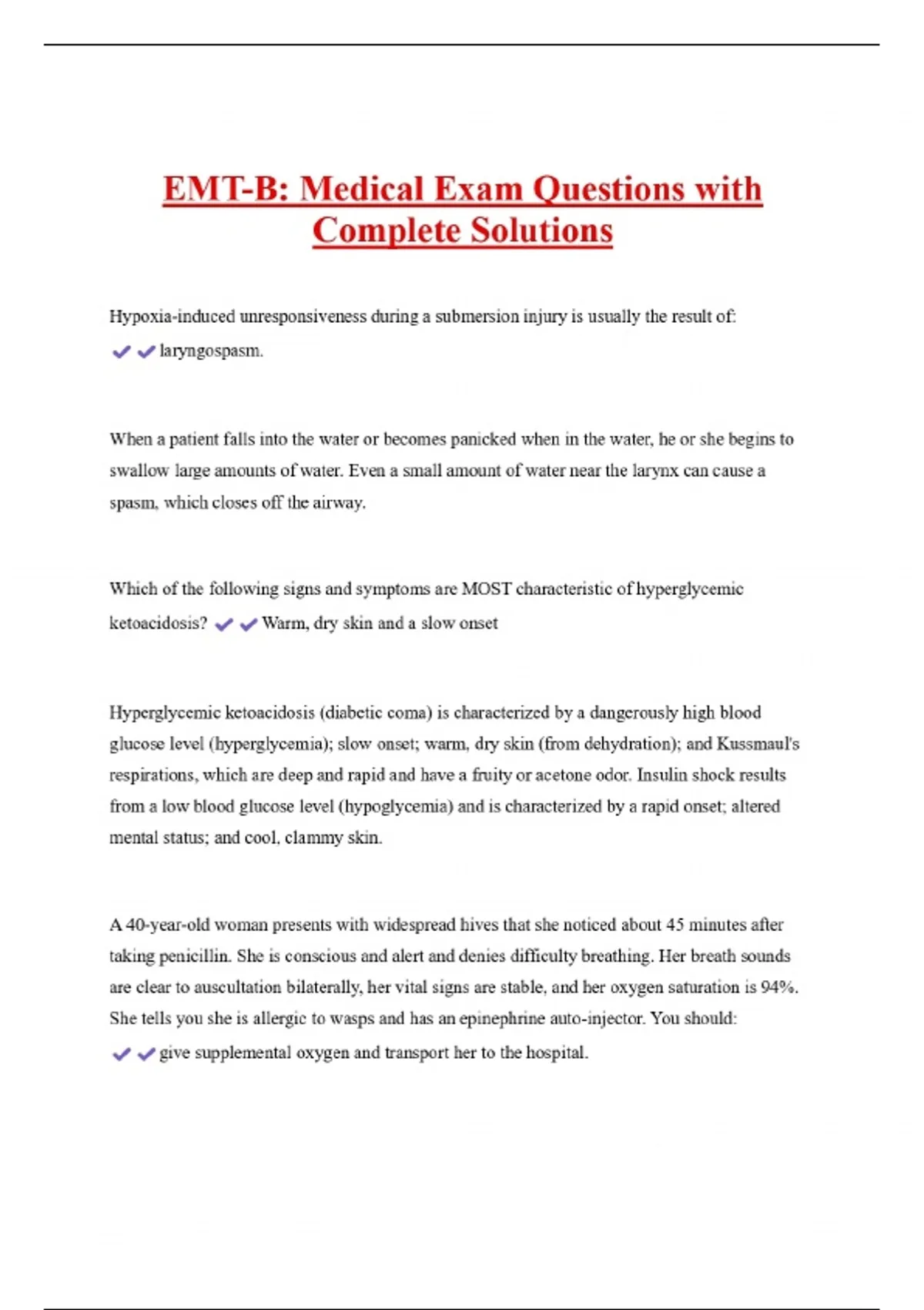 EMT-B: Medical Exam Questions with Complete Solutions - EMT.... - Stuvia US