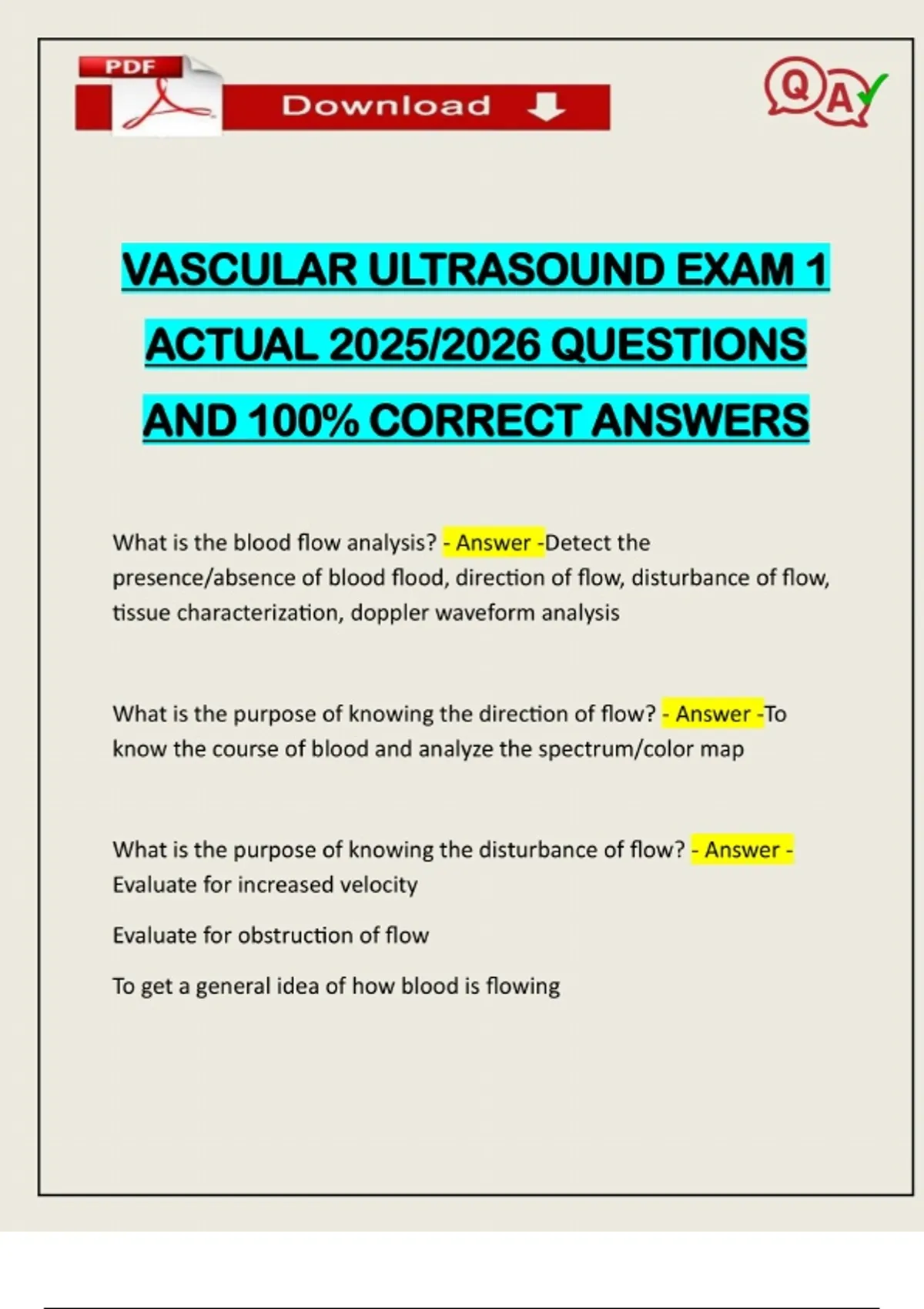 VASCULAR ULTRASOUND EXAM 1 ACTUAL 2025/2026 QUESTIONS AND 100% CORRECT ...