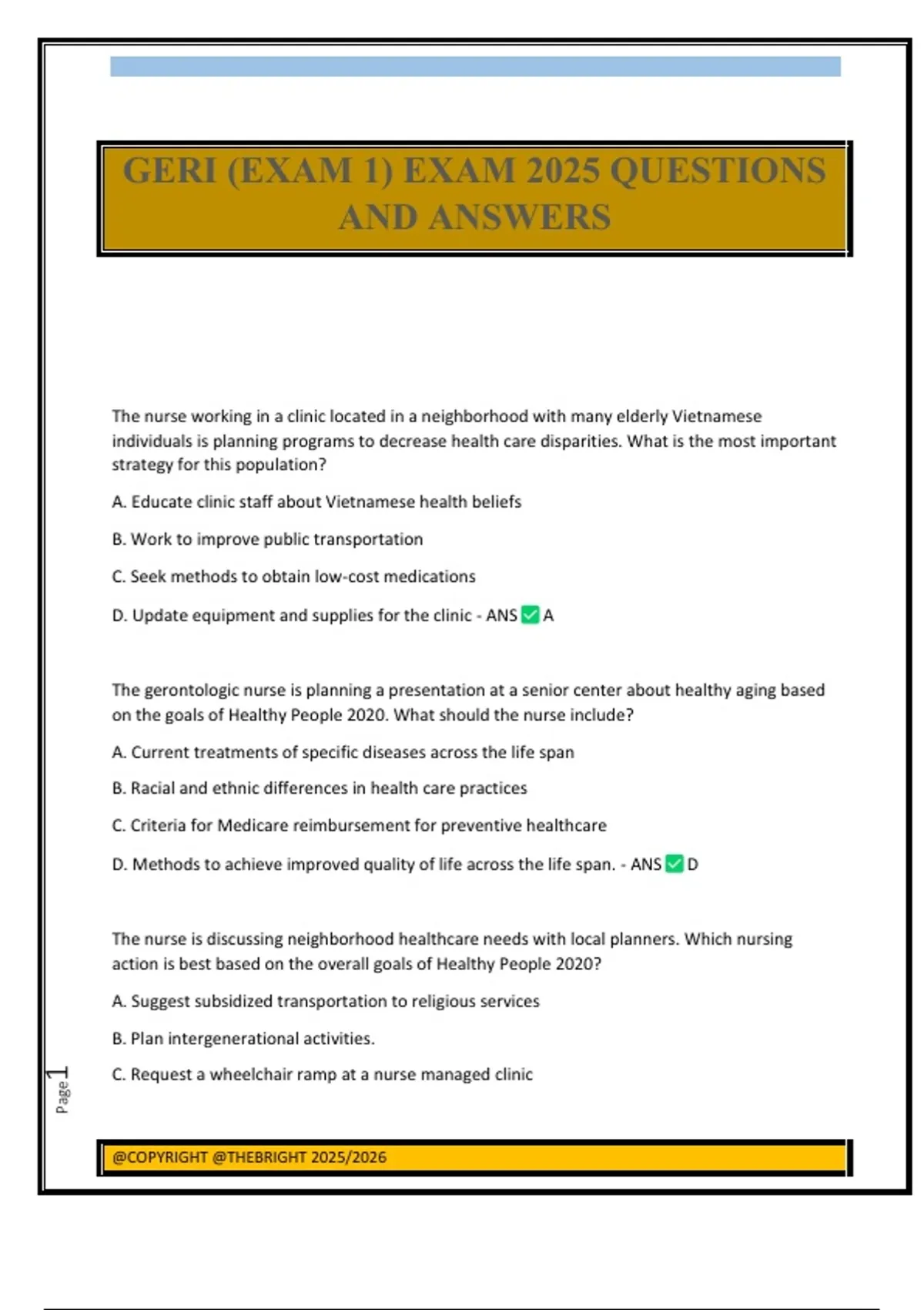 GERI (EXAM 1) EXAM 2025 QUESTIONS AND ANSWERS - GERI - Stuvia US