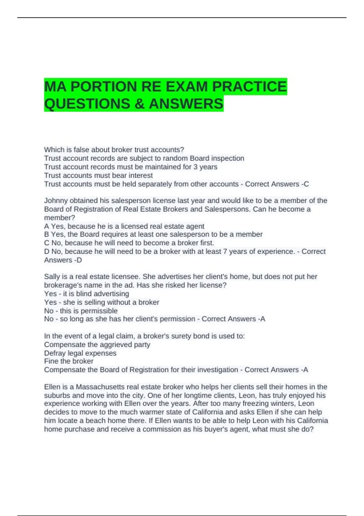MA PORTION RE EXAM PRACTICE QUESTIONS & ANSWERS - Massachusetts Real ...
