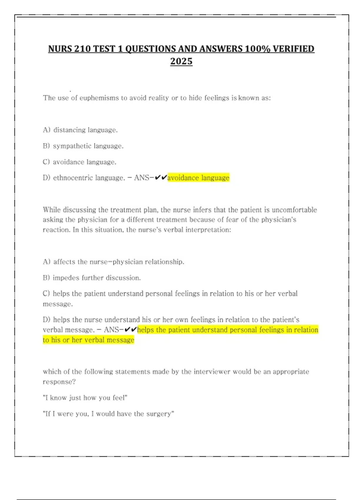 NURS 210 TEST 1 QUESTIONS AND ANSWERS 100% VERIFIED 2025 - NURS 210 ...