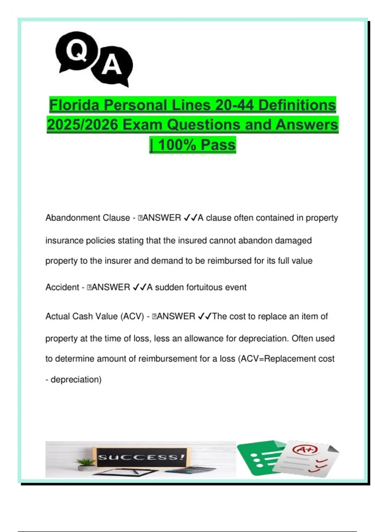 Florida Personal Lines 20-44 Definitions 2025/2026 Exam Questions and Answers | 100% Pass - FLA ...