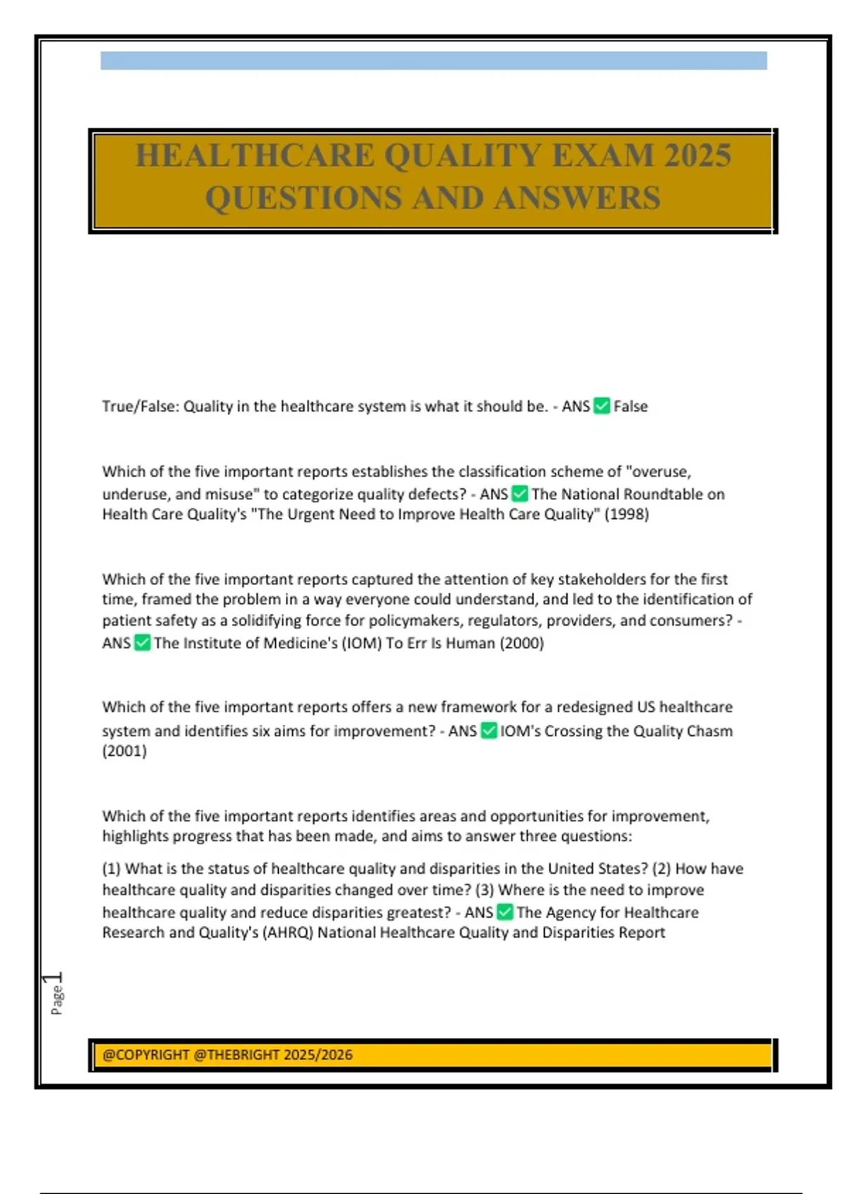HEALTHCARE QUALITY EXAM 2025 QUESTIONS AND ANSWERS - HEALTHCARE - Stuvia US