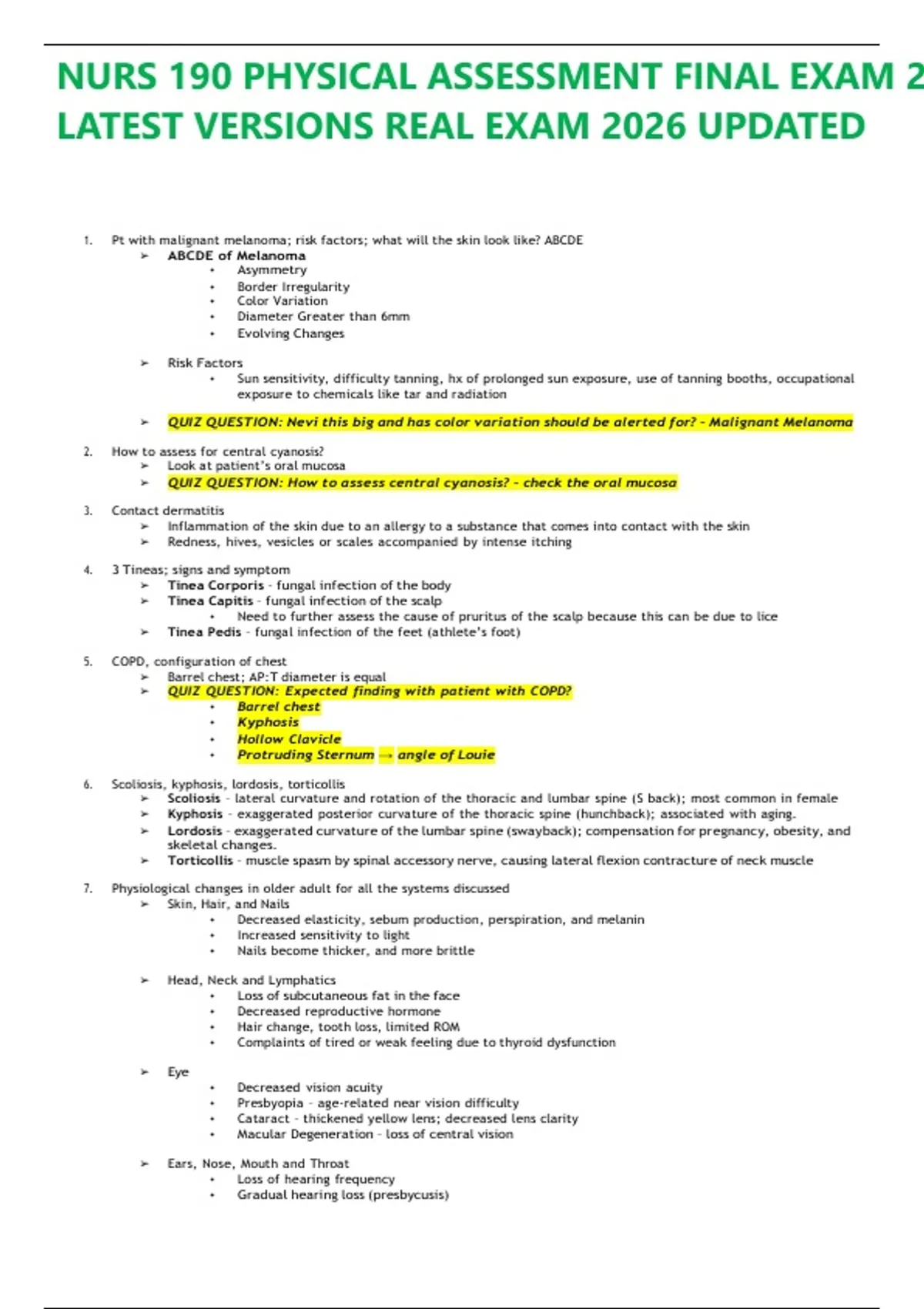 NURS 190 PHYSICAL ASSESSMENT FINAL EXAM 2 LATEST VERSIONS REAL EXAM ...